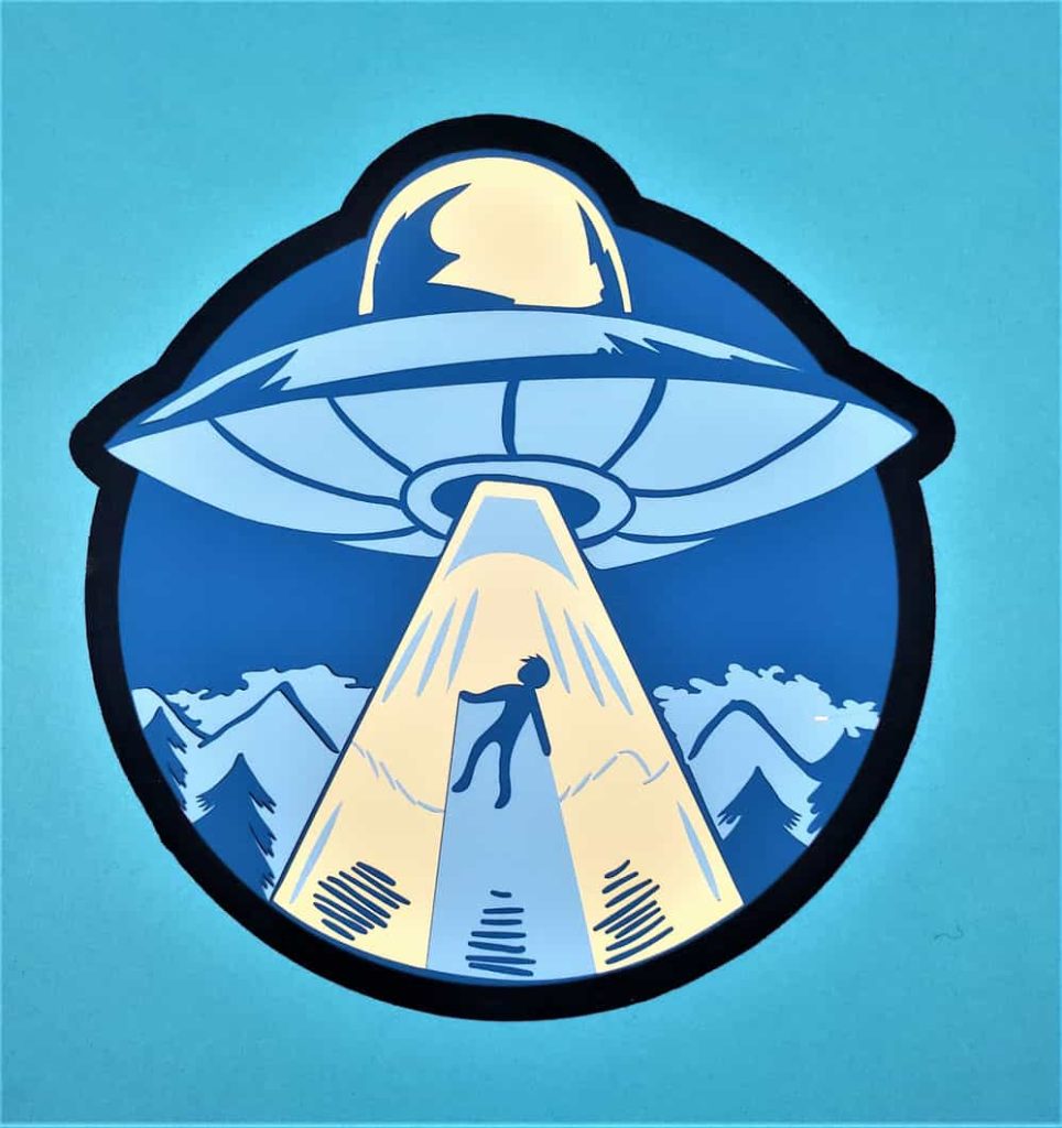 Blue Gold UFO Abduction Sticker – Abstract Alien Art